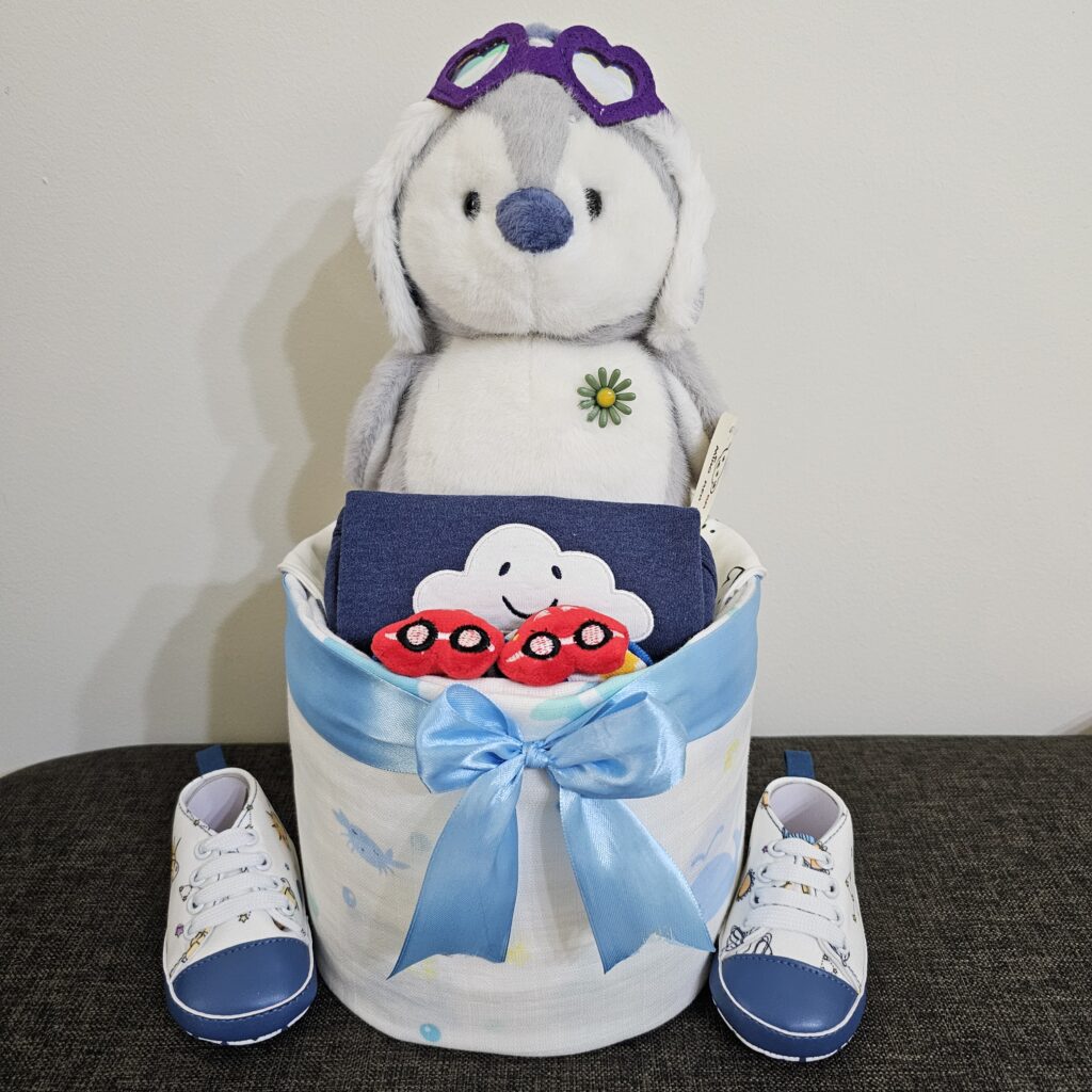 1 Tier Blue Penguin Diaper Cake Baby Gift | Singapore
